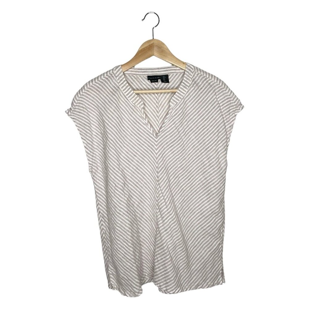 Tahari 100% Linen Bias Cut Blouse White Lavender Diag… - Gem